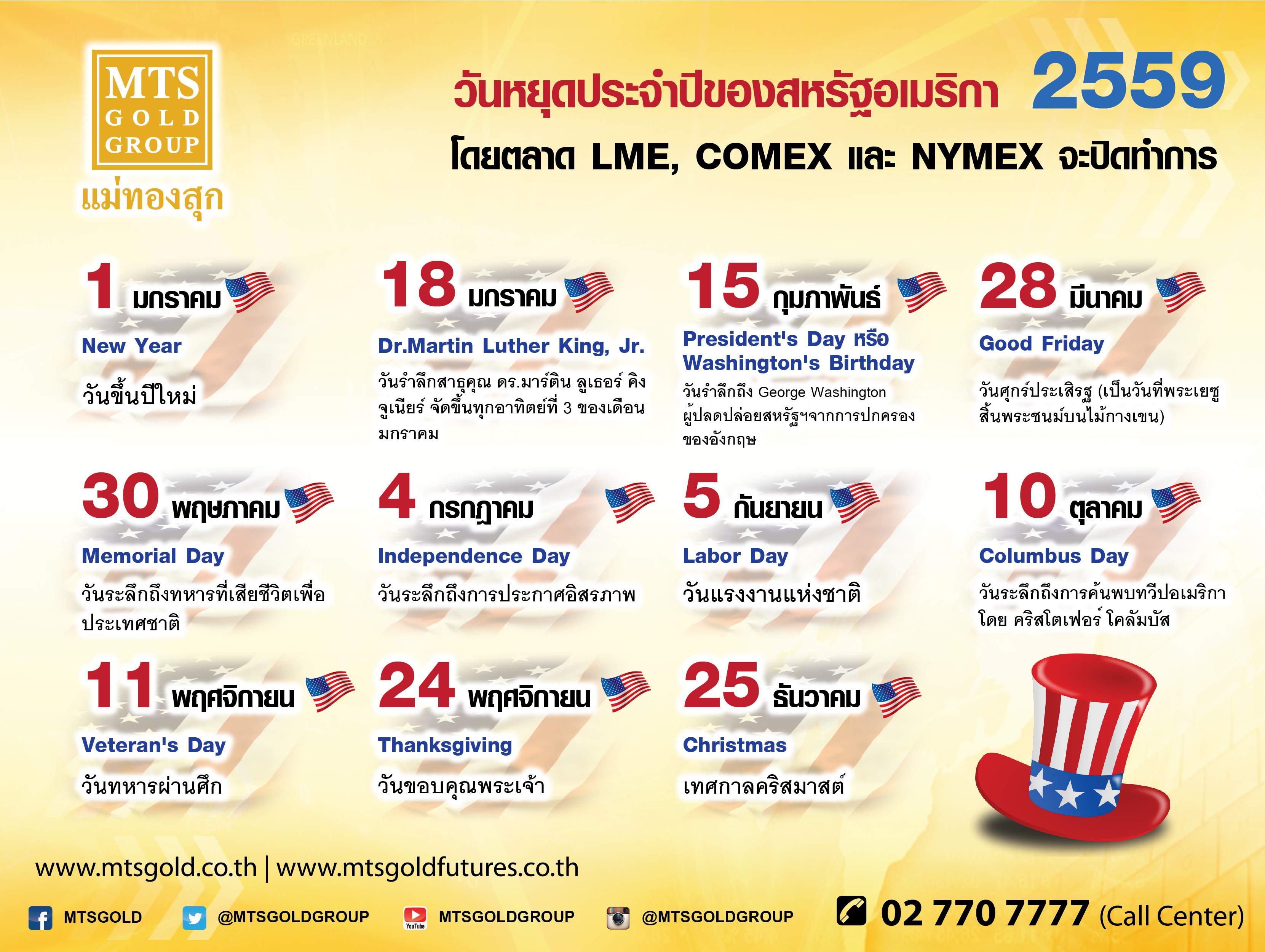 MTS Calendar | วันหยุดประจำปีของสหรัฐฯ ปี 2016 | MTS Gold ห้างทองแม่ทองสุก